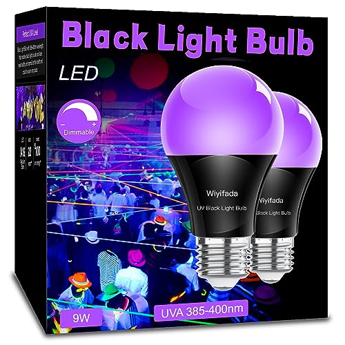 Wiyifada LED Black Light Bulbs 2 Pack, Dimmable A19 10W Blacklight bulb Replace Up to 100W, 110V E26 Base Black Light UVA Level 385-400nm, Glow in the Dark for Body Paint, Blacklights Party, Halloween