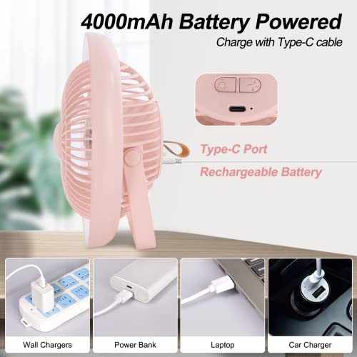 Battery Operated Fan, 3 Speed Upgraded Powerful Airflow, Max 20H Battery Powered Fan Rechargeable, Table Fan for Camping, Bedside, Desk, Quiet Small Fan, 90° Tilt Stand, Hangable USB Fan Type-C Port