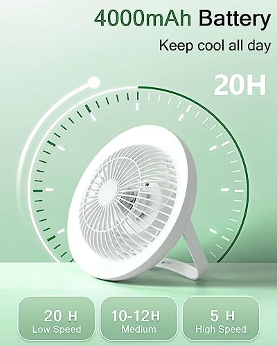 Battery Operated Fan, 3 Speed Upgraded Powerful Airflow, Max 20H Battery Powered Fan Rechargeable, Table Fan for Camping, Bedside, Desk, Quiet Small Fan, 90° Tilt Stand, Hangable USB Fan Type-C Port