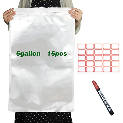 Mylar Bags,15 Pack 5 GALLON Mylar Bags, Heat Sealable Bags Zipper Resealable Pouches Storage Bags for Food, Coffee Beans, Tea, Grains