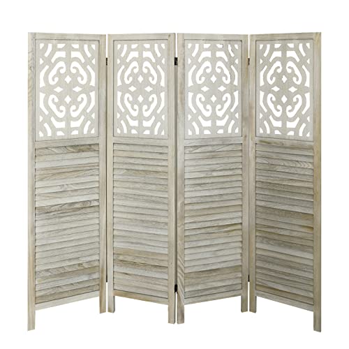 ACEHOME Room Dividers 4 Panel,Home Folding Privacy Carved Wood Screens 5.6Ft,Portable Office Walls Dividers,Indoor Decorative Room Partition,No Installation Required, Off-White