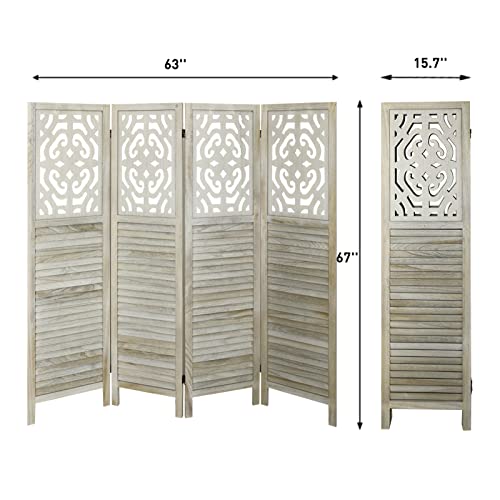 ACEHOME Room Dividers 4 Panel,Home Folding Privacy Carved Wood Screens 5.6Ft,Portable Office Walls Dividers,Indoor Decorative Room Partition,No Installation Required, Off-White