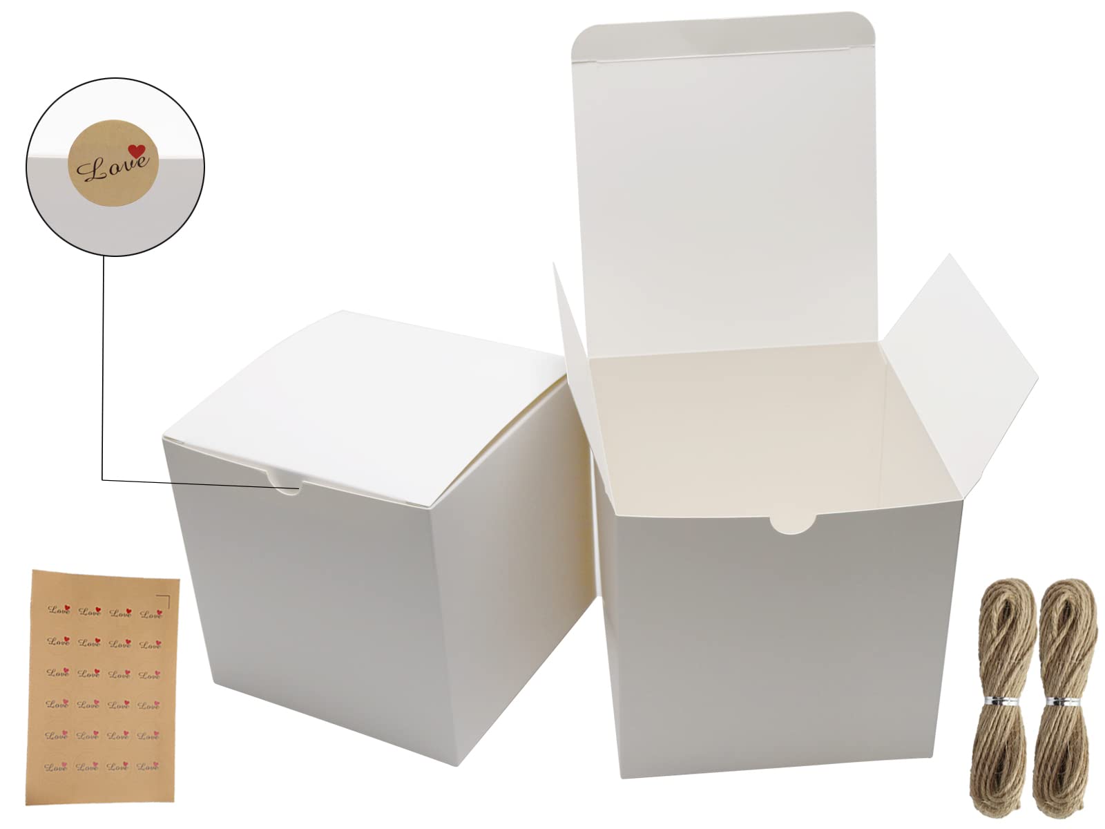 PQZKLDP 15 Packs 6x6x6 inches Fold Box Easy Assemble Small Paper Gift Box Decorative Party Favor Kraft Box with Lid for Birthday, Wedding, Anniversary, Party , with Stickers ,66 FT Twine (6*6*6 Inch, White)