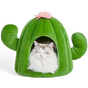 vetreska cute cactus cat and dog bed, cats cave dog house, comfy pet bed with machine washable nest cushion for cats, dogs, puppy, kitty, kitten, rabbit, green cactus