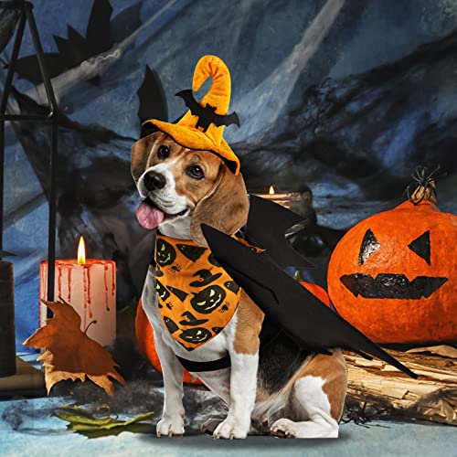 Halloween Pet Costumes, Dog Bat Wings Costume with Hat and Bandana Cosplay Party Decoration Costume Puppy Bat Dress Up Funny Cool Apparel for Small Medium Large Dogs Cats