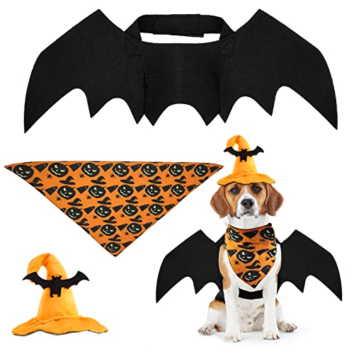 Halloween Pet Costumes, Dog Bat Wings Costume with Hat and Bandana Cosplay Party Decoration Costume Puppy Bat Dress Up Funny Cool Apparel for Small Medium Large Dogs Cats