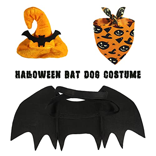 Halloween Pet Costumes, Dog Bat Wings Costume with Hat and Bandana Cosplay Party Decoration Costume Puppy Bat Dress Up Funny Cool Apparel for Small Medium Large Dogs Cats