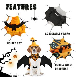 Halloween Pet Costumes, Dog Bat Wings Costume with Hat and Bandana Cosplay Party Decoration Costume Puppy Bat Dress Up Funny Cool Apparel for Small Medium Large Dogs Cats