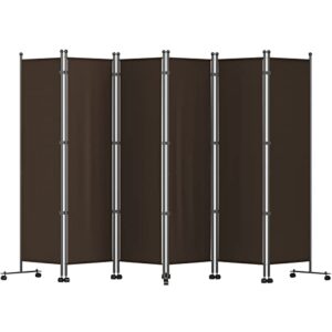 vevor 6 panel room divider, 6 ft tall, freestanding & folding privacy screen w/ swivel casters & aluminum alloy frame, oxford bag included, room partition for office home, 121" w x 14" d x 73"h, brown