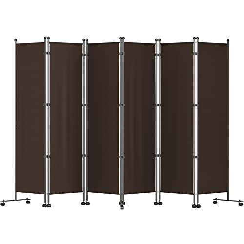 VEVOR 6 Panel Room Divider, 6 FT Tall, Freestanding & Folding Privacy Screen w/ Swivel Casters & Aluminum Alloy Frame, Oxford Bag Included, Room Partition for Office Home, 121" W x 14" D x 73"H, Brown