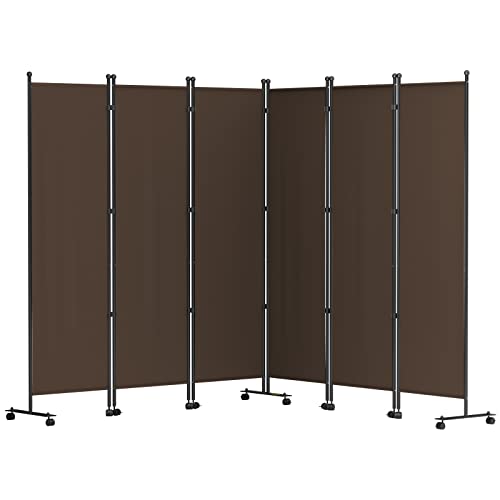 VEVOR 6 Panel Room Divider, 6 FT Tall, Freestanding & Folding Privacy Screen w/ Swivel Casters & Aluminum Alloy Frame, Oxford Bag Included, Room Partition for Office Home, 121" W x 14" D x 73"H, Brown