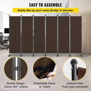 VEVOR 6 Panel Room Divider, 6 FT Tall, Freestanding & Folding Privacy Screen w/ Swivel Casters & Aluminum Alloy Frame, Oxford Bag Included, Room Partition for Office Home, 121" W x 14" D x 73"H, Brown