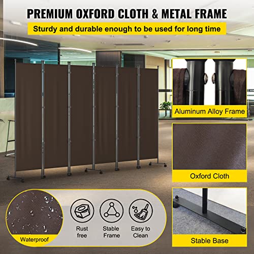 VEVOR 6 Panel Room Divider, 6 FT Tall, Freestanding & Folding Privacy Screen w/ Swivel Casters & Aluminum Alloy Frame, Oxford Bag Included, Room Partition for Office Home, 121" W x 14" D x 73"H, Brown