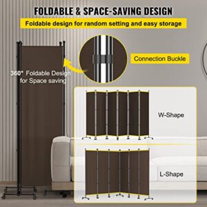 VEVOR 6 Panel Room Divider, 6 FT Tall, Freestanding & Folding Privacy Screen w/ Swivel Casters & Aluminum Alloy Frame, Oxford Bag Included, Room Partition for Office Home, 121" W x 14" D x 73"H, Brown