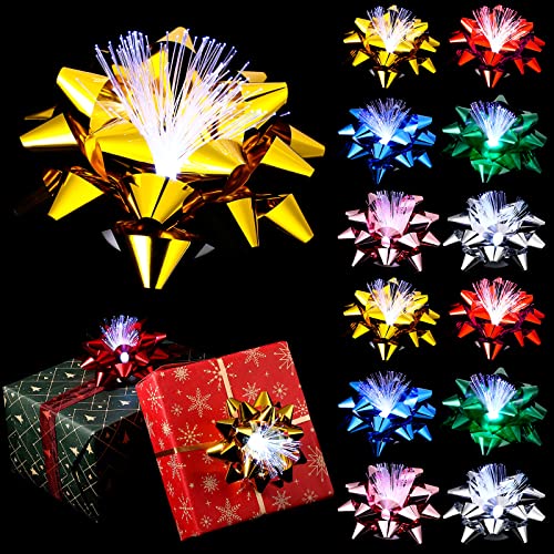 Zhengmy 12 Pack Light up Glowing Gift Bows, Christmas Bows for Gift Wrapping LED Ribbon Bow for Gift Packaging Big Bow for Present for Christmas, Hanukkah, Birthdays, Weddings, Self Adhesive