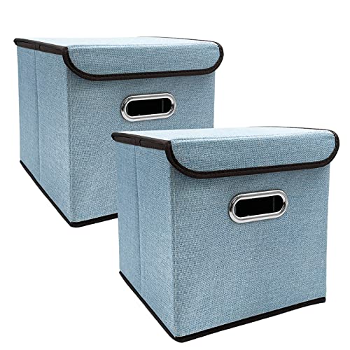 Foldable Cube Storage Bin with Lid, Set of 2, Collapsible Storage Basket with Lid ,25 CM x 25 CM, Boho Basket , Nursery Storage Bin, Cube Storage Baskets for Living Room Home Bedroom Closet Office Blue