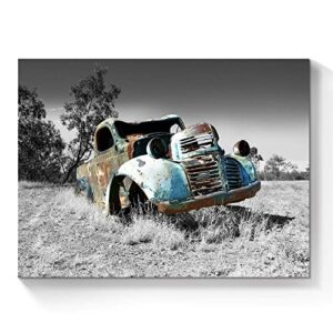 sunflax car picture canvas wall art - rusty blue truck picture country painting vintage black and white print rustic farmhouse artwork for bedroom bathroom office