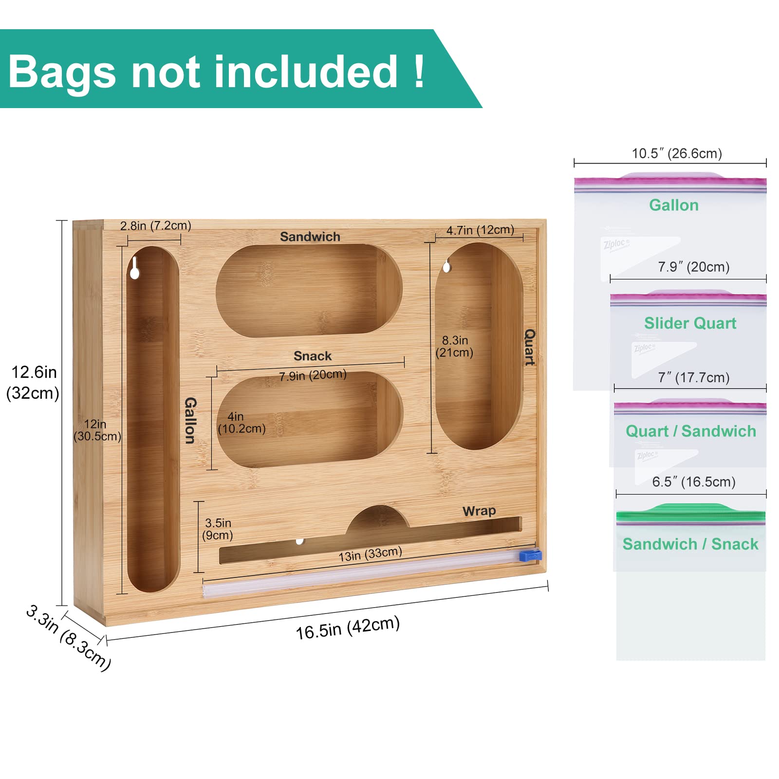 Puricon Ziplock Bag Storage Organizer for Drawer & Wrap Dispenser With Cutter, Food Storage Bag Organizer Holder for Gallon Quart Sandwich Snack, Compatible With Ziploc Solimo Hefty Glad Bags -Bamboo