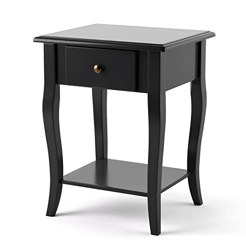 LUE BONA Nightstand, Mid Century Vintage Nightstand with Drawer and Shelf, Bed Side Table/Night Stand, 21.7″ Height, Wood Nightstand Small End Table for Bedroom, Sofa, Black