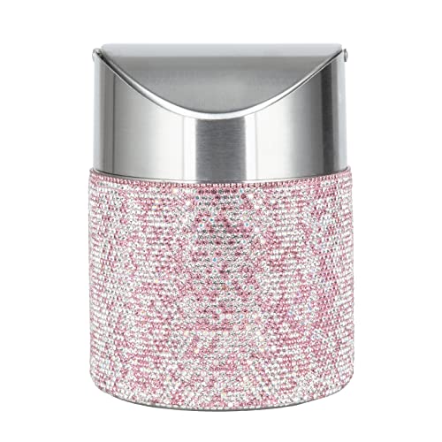 KEYPOWER Bling Rhinestone Mini Trash Can Tiny Waste Can with Swing Lid Stainless Steel,Suitable for Countertop,Car,Table Desk(Pink)