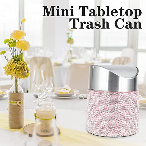 KEYPOWER Bling Rhinestone Mini Trash Can Tiny Waste Can with Swing Lid Stainless Steel,Suitable for Countertop,Car,Table Desk(Pink)