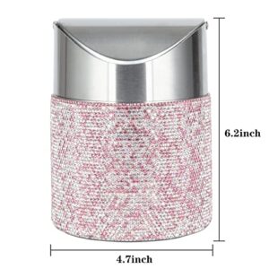 KEYPOWER Bling Rhinestone Mini Trash Can Tiny Waste Can with Swing Lid Stainless Steel,Suitable for Countertop,Car,Table Desk(Pink)