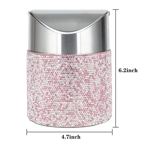 KEYPOWER Bling Rhinestone Mini Trash Can Tiny Waste Can with Swing Lid Stainless Steel,Suitable for Countertop,Car,Table Desk(Pink)