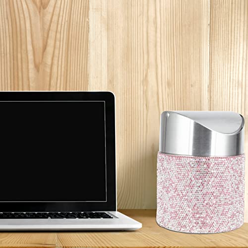 KEYPOWER Bling Rhinestone Mini Trash Can Tiny Waste Can with Swing Lid Stainless Steel,Suitable for Countertop,Car,Table Desk(Pink)