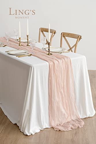 Ling's Moment 10Ft x 35" Wide Blush Gauze Semi-Sheer Table Runner Cheesecloth Tablecloth for Wedding Party Bridal Shower Boho Table Decor