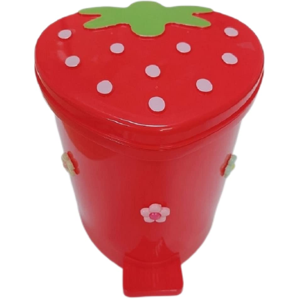 Kawaii Small Trash Can with Lid, Red Strawberry Waste Bin, Desktop Paper Garbage Basket, Plastic Storage Bucket for Bathrooms, Kitchens, Offices, Cars