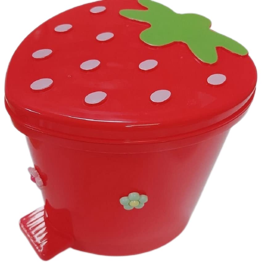 Kawaii Small Trash Can with Lid, Red Strawberry Waste Bin, Desktop Paper Garbage Basket, Plastic Storage Bucket for Bathrooms, Kitchens, Offices, Cars