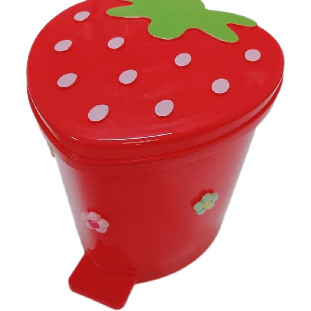 Kawaii Small Trash Can with Lid, Red Strawberry Waste Bin, Desktop Paper Garbage Basket, Plastic Storage Bucket for Bathrooms, Kitchens, Offices, Cars