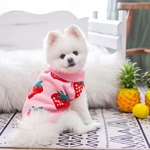 SCIROKKO Dog Sweaters for Small Dogs - Cute Girl Dog Clothes Knitwear Warm Puppy Winter Sweater, Pink Strawberry