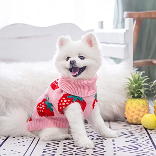 SCIROKKO Dog Sweaters for Small Dogs - Cute Girl Dog Clothes Knitwear Warm Puppy Winter Sweater, Pink Strawberry