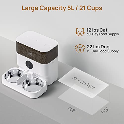 iPettie Automatic Cat Feeder for Two Cats, 2.4G WiFi App Control, 5L/21 Cup Capacity, 1-10 Meals Per Day, Adjustable Bowl Height, Cat Feeder Automatic w/ 2 Stainless Steel Bowls, Voice Recording