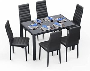 bealife kitchen dining table set for 6, tempered glass 7 piece table and chairs set modern for home, kitchen, living room, dining room,black