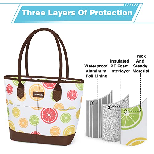 Tirrinia Large Insulated Lunch Tote Bag for Women, Cute Waterproof Leakproof Cooler Bag with Zipper for Work, Beach, Adult Shopping Grocery Bags for Frozen Food - White Lemon