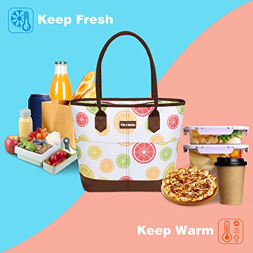 Tirrinia Large Insulated Lunch Tote Bag for Women, Cute Waterproof Leakproof Cooler Bag with Zipper for Work, Beach, Adult Shopping Grocery Bags for Frozen Food - White Lemon