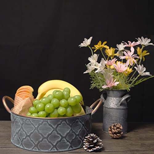 Farmway Decorative Galvanized Metal Round Serving Tray with Handles, Indoor and Outdoor Rustic Farmhouse Decor Food Serving Tray - Grey Green - 12.6”L × 9.8”W × 5.3”H