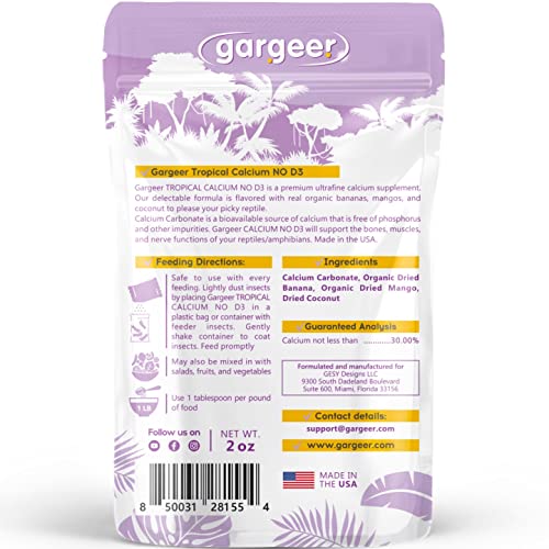 Gargeer 4oz Gecko Calcium without Vitamin D3, Phosphorus-free, Ultrafine Powder. Ready to Use Supplement for Geckos & Fruit-Eating Reptiles. Flavored with Real Organic Tropical Fruits. Made in the USA