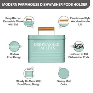 Calindiana Modern Farmhouse Metal Dishwasher Pods Container with Lid for Kitchen Organization and Storage, Kitchen Essentials Decor Accessories, Dishwasher Pods Holder, Mint