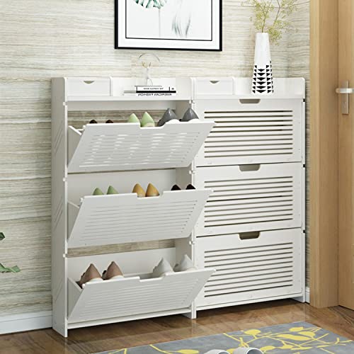 foriy Shoe Cabinet for Entryway Slim 7" Thick Hidden Shoe Storage with 3 Flip Drawers Free Standing Narrow Shoe Cabinet Rack Organizer with Pull-Down Flip Doors Adjustable Shelves Louvered Doors White