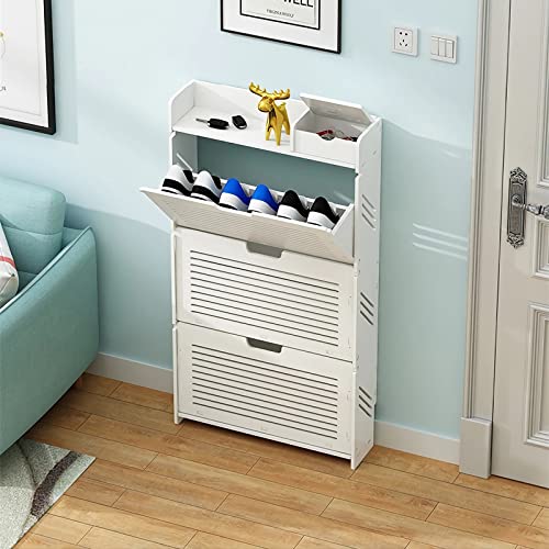 foriy Shoe Cabinet for Entryway Slim 7" Thick Hidden Shoe Storage with 3 Flip Drawers Free Standing Narrow Shoe Cabinet Rack Organizer with Pull-Down Flip Doors Adjustable Shelves Louvered Doors White