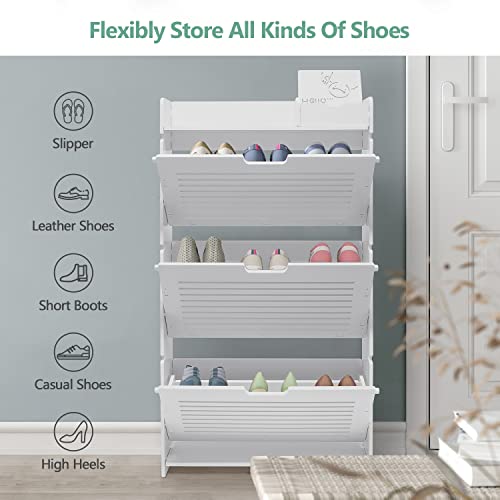 foriy Shoe Cabinet for Entryway Slim 7" Thick Hidden Shoe Storage with 3 Flip Drawers Free Standing Narrow Shoe Cabinet Rack Organizer with Pull-Down Flip Doors Adjustable Shelves Louvered Doors White