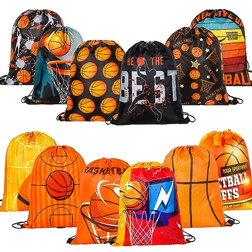 Whaline 12Pcs Large Basketball Drawstring Bag Sports Party Favor Candy Goodie Treat Bag Basketball Print Backpack Cinch Drawstring Gift Bag for Sports Basketball Theme Birthday Party Supplies 17x13In