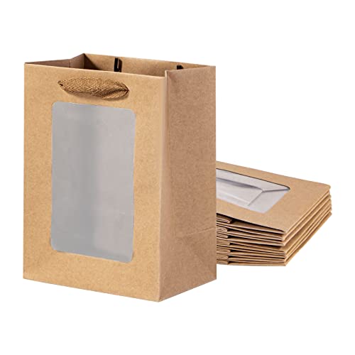 Dasofine 12pcs Brown Gift Bag with Window, Sturdy Paper Tote with Transparent Window, 5.9"×3.9"×7.9" Paper Gift Bags with Handles, Flower Bouquet Bags