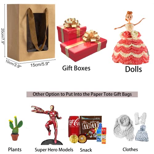 Dasofine 12pcs Brown Gift Bag with Window, Sturdy Paper Tote with Transparent Window, 5.9"×3.9"×7.9" Paper Gift Bags with Handles, Flower Bouquet Bags