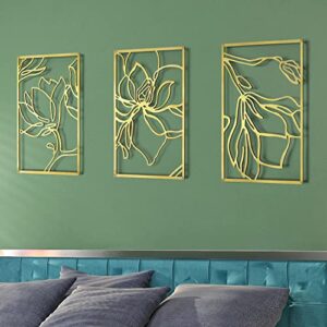 pinetree art gold metal wall art flowers 3d line minimalist decor wall sculpture minimalist decor home living room bedroom wall decoration, set of 3 (flower-gold)