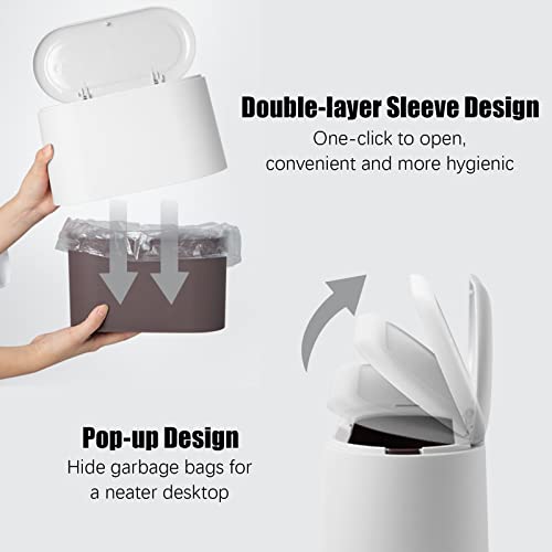 SHAIDOJIO Mini Trash Can, Desktop Wastebasket with Lid, Removable Small Garbage Can, Pop Up Tiny Countertop Trash Bin for Desk Office, Bedroom, Bathroom, Vanity, Coffee Bar Tabletop (White)