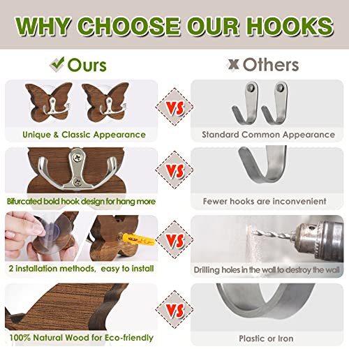 ShineZoom Wood Wall Hooks 6 Pack Coat Hooks Wall Mounted & Adhesive 2 in 1Universal Rustic Hat Hooks for Wall/ Entryway/ Bathroom/ Closet/ Door/Mudroom/Kitchen